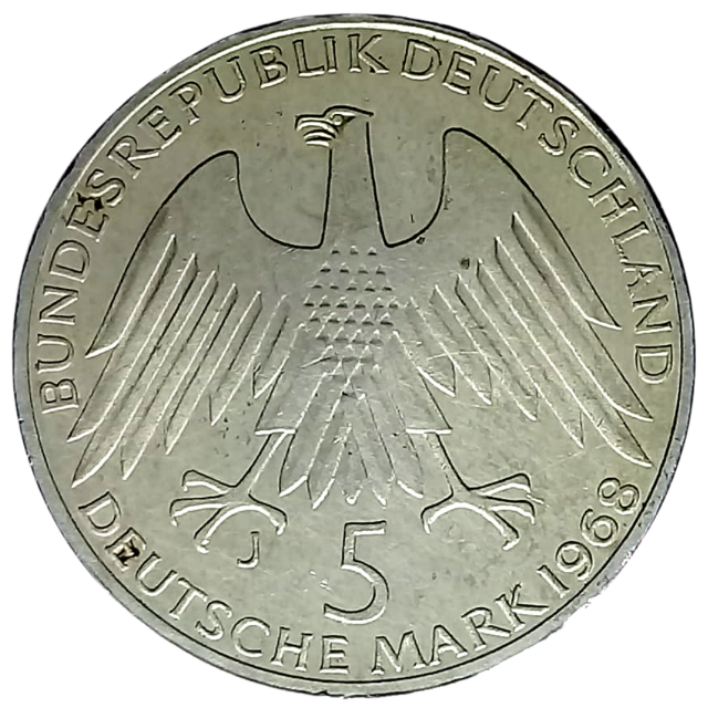ALEMANHA - 5 MARCOS 1968 - PRATA por R$179,90